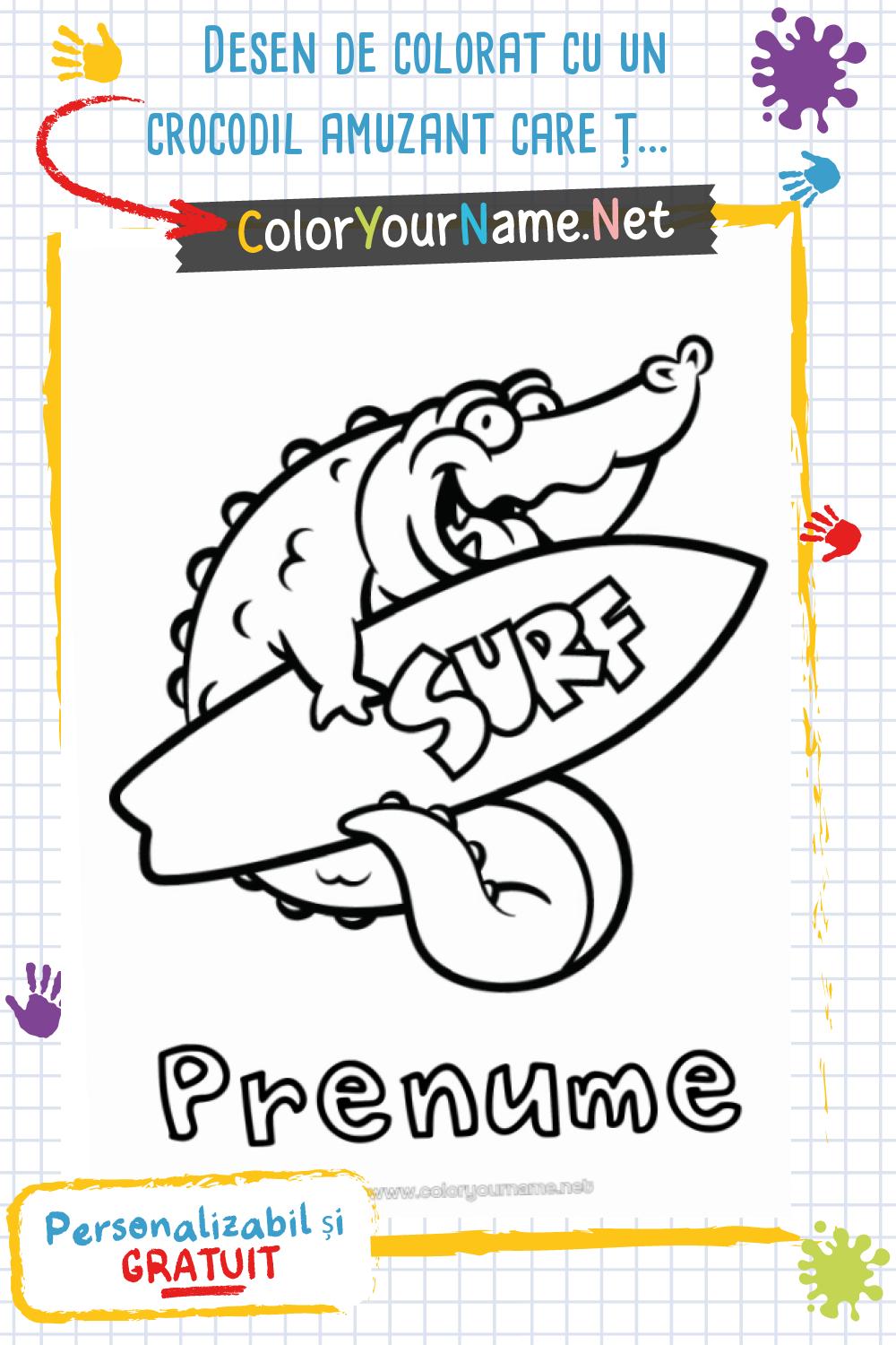 Desen de colorat cu un crocodil amuzant care ține o placă de surf.