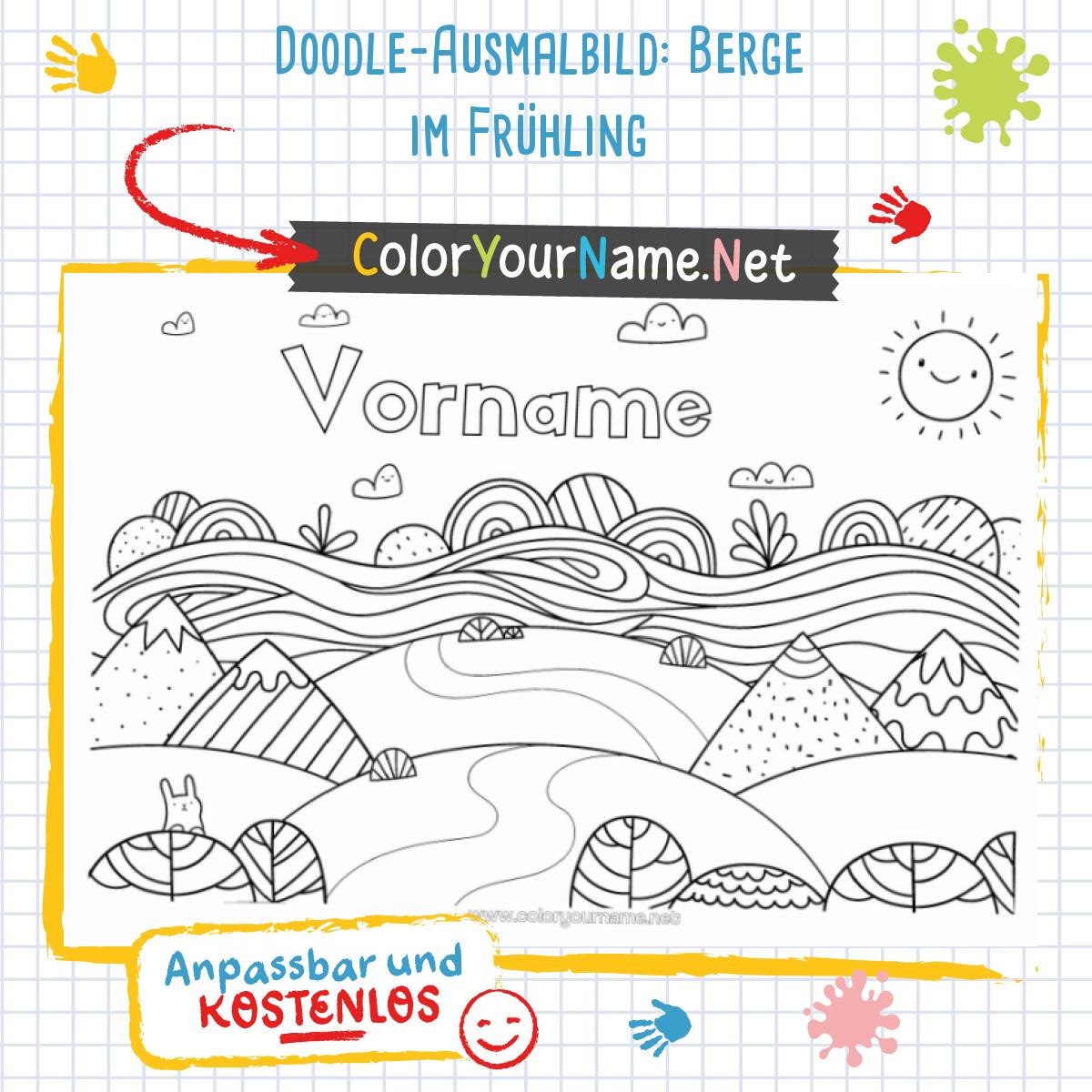 Doodle-Ausmalbild: Berge im Frühling