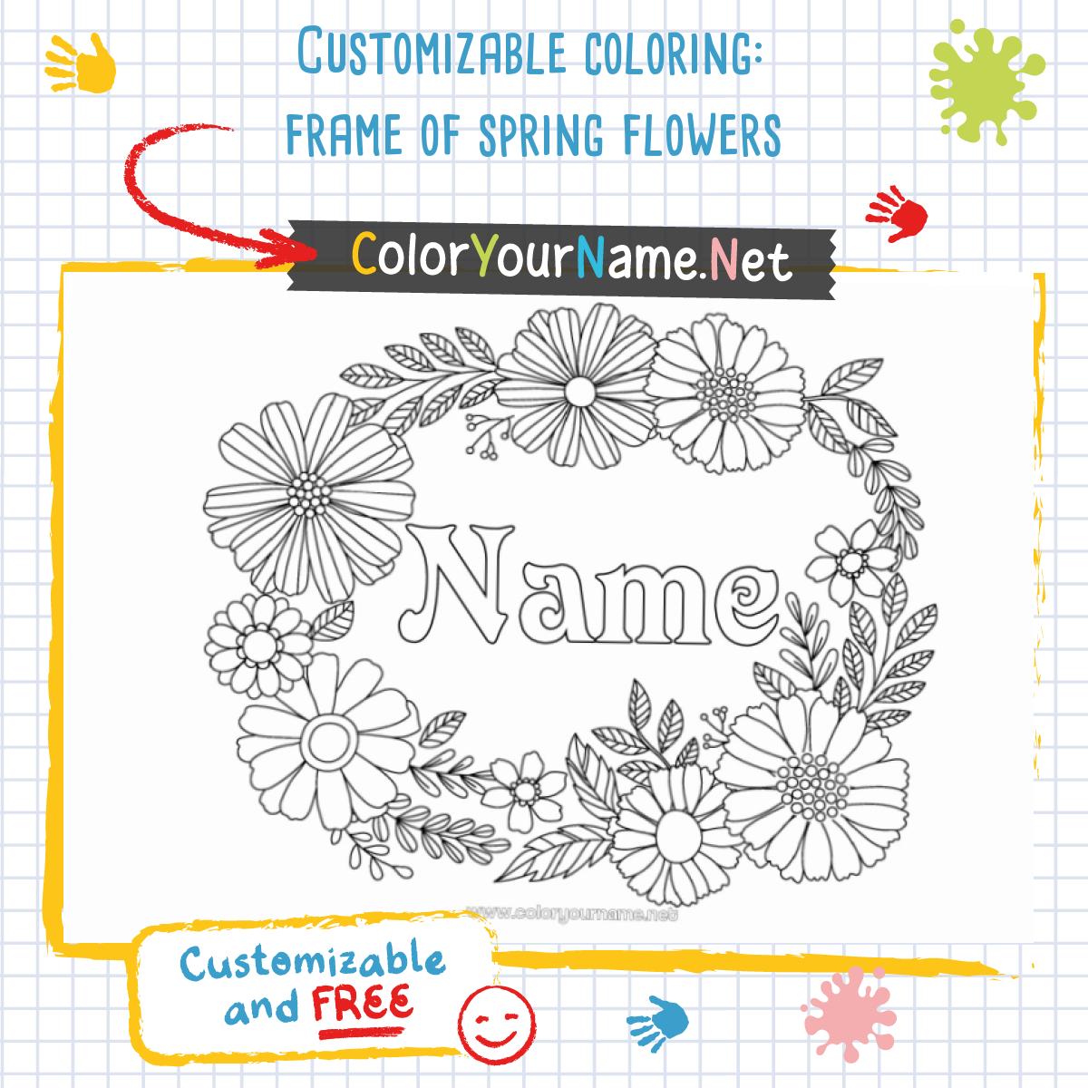 Customizable coloring: frame of spring flowers