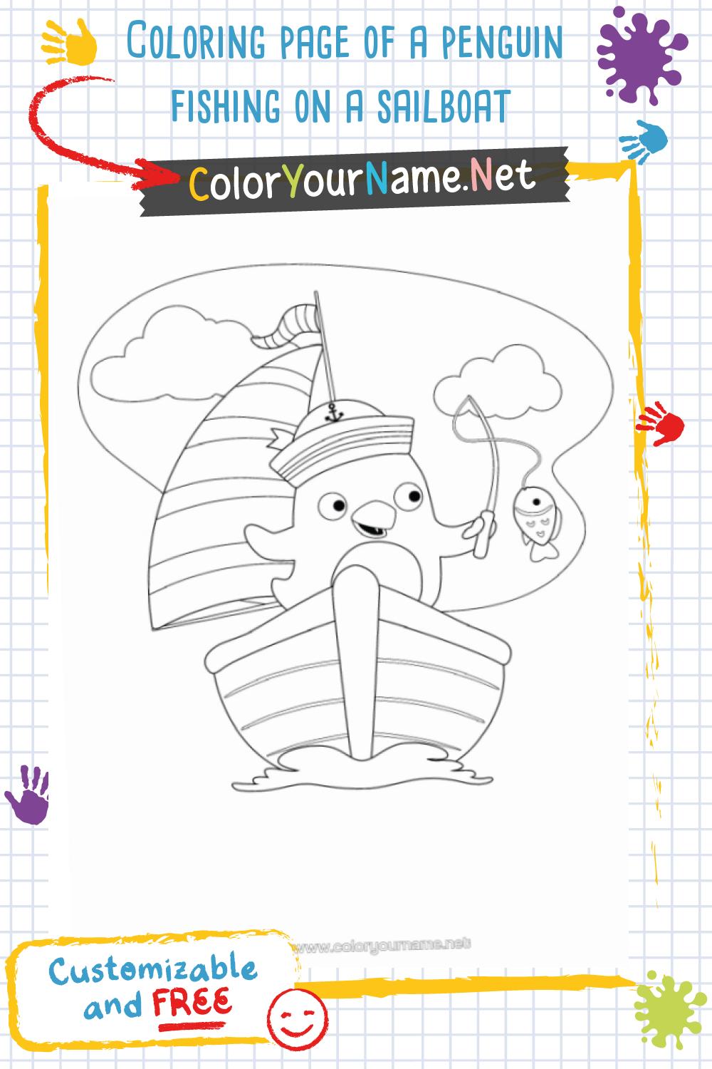 Coloring page of a penguin fishing on a sailboat