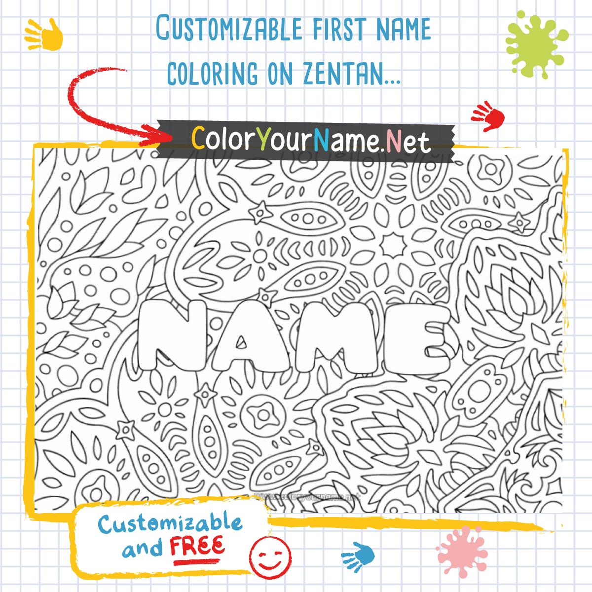 Customizable first name coloring on zentangle background with marine motifs