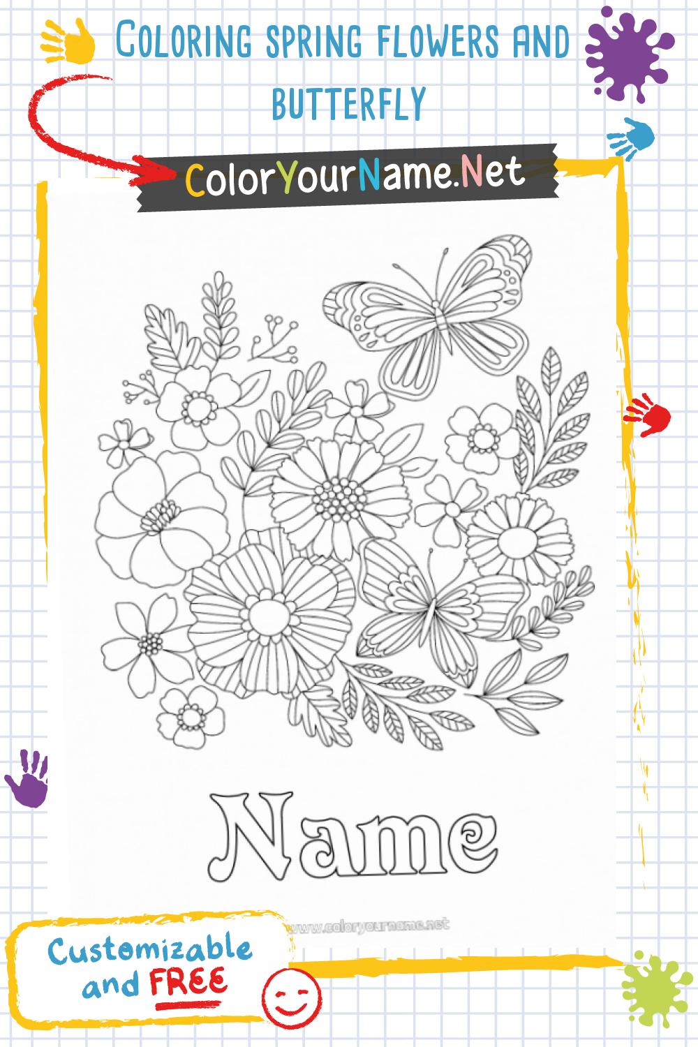 Coloring spring flowers and butterfly