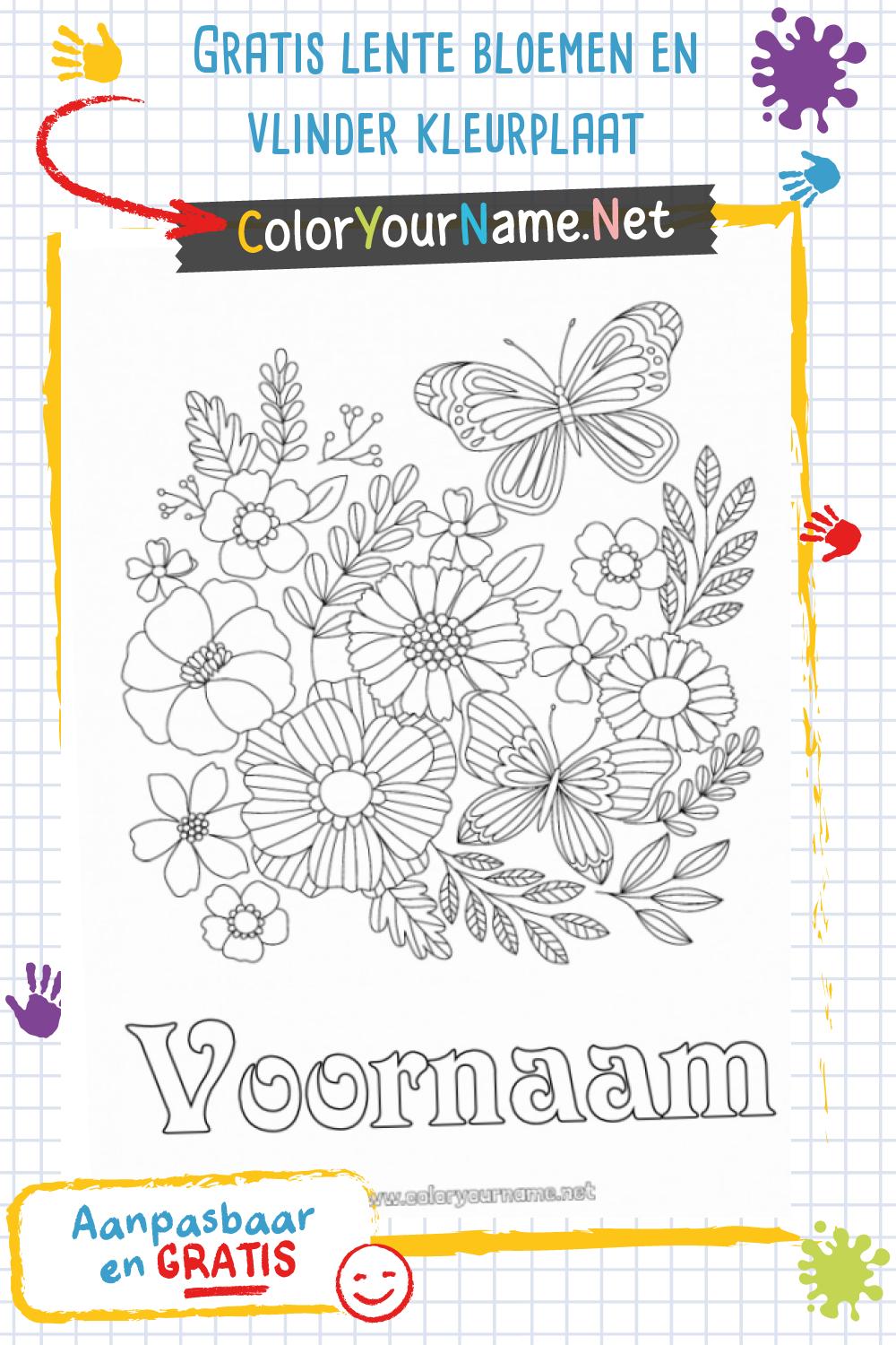 Gratis lente bloemen en vlinder kleurplaat