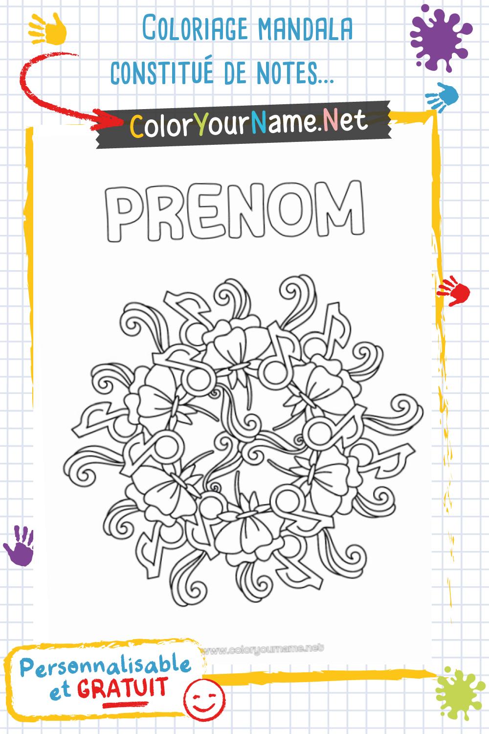 Coloriage mandala constitué de notes de musique