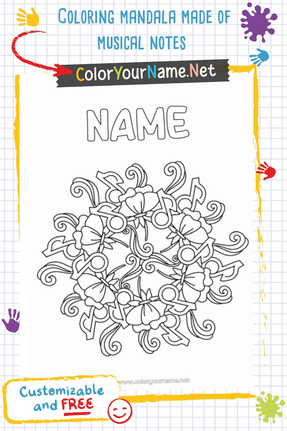 Coloring mandala made of musical notes