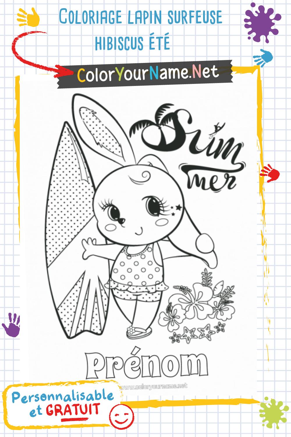Coloriage lapin surfeuse hibiscus été