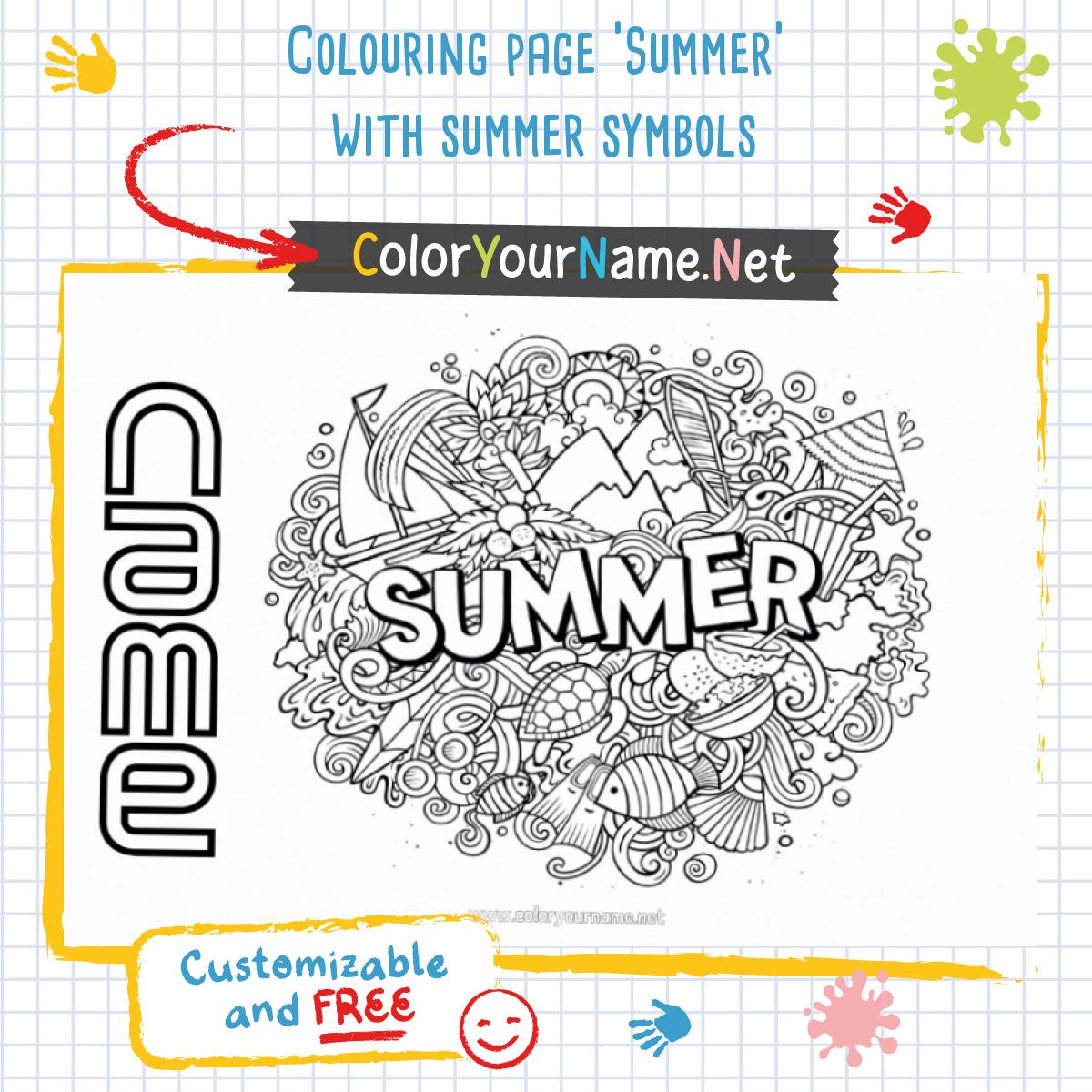 Colouring page 'Summer' with summer symbols