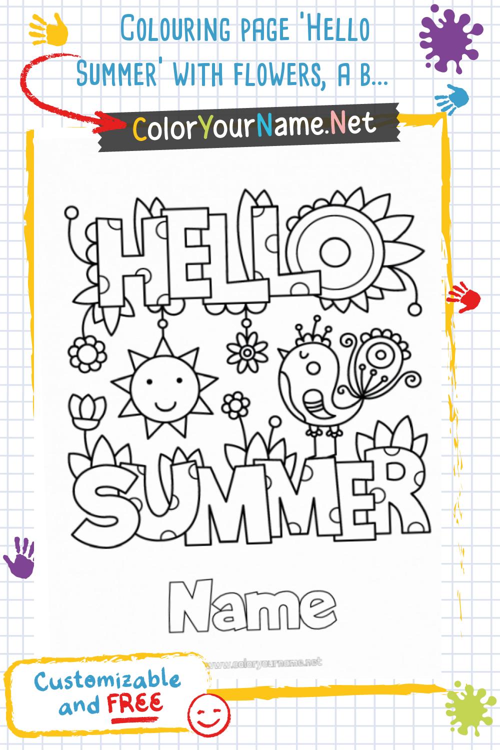Colouring page 'Hello Summer' with flowers, a bird and a sun