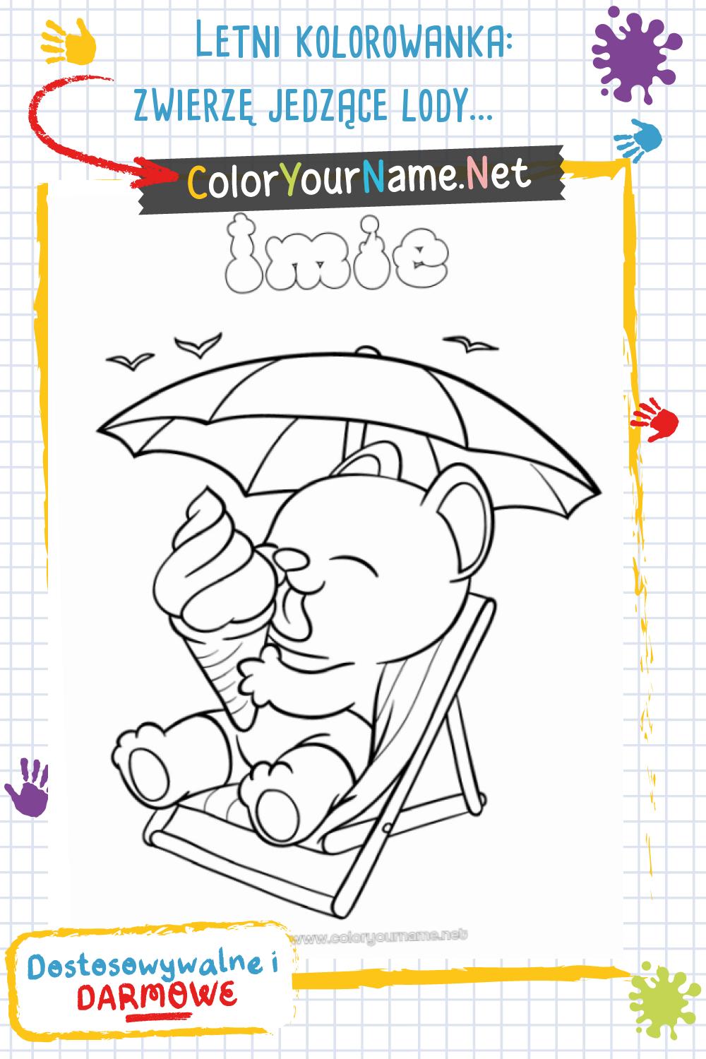 Letni kolorowanka: zwierzę jedzące lody na swoim leżaku.