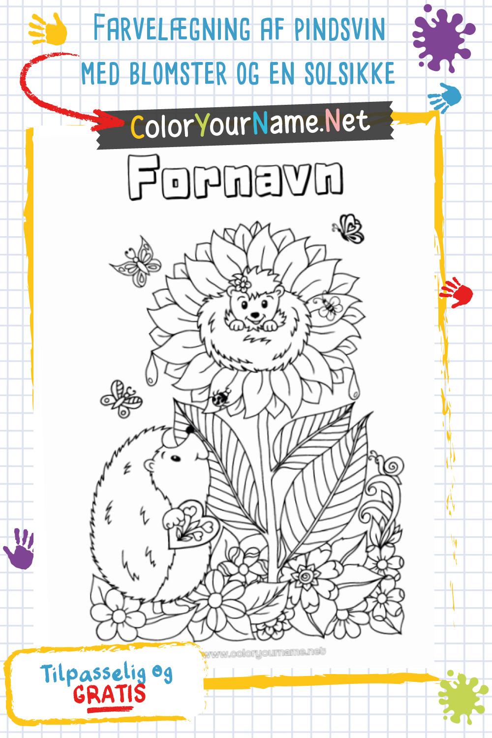 Farvelægning af pindsvin med blomster og en solsikke