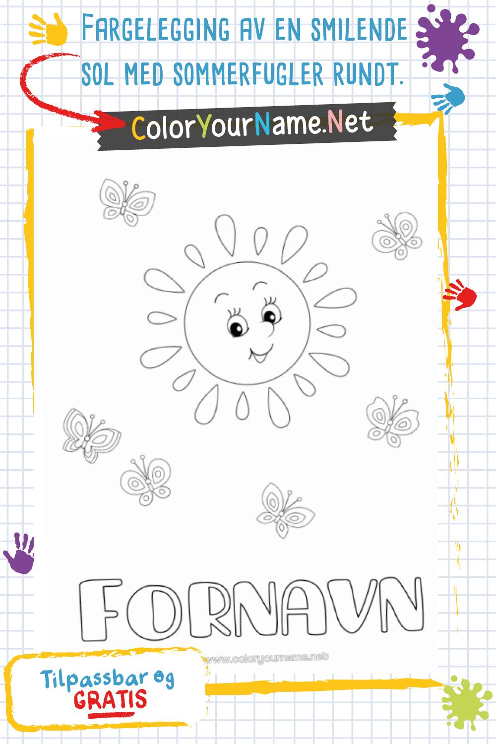 Fargelegging av en smilende sol med sommerfugler rundt.