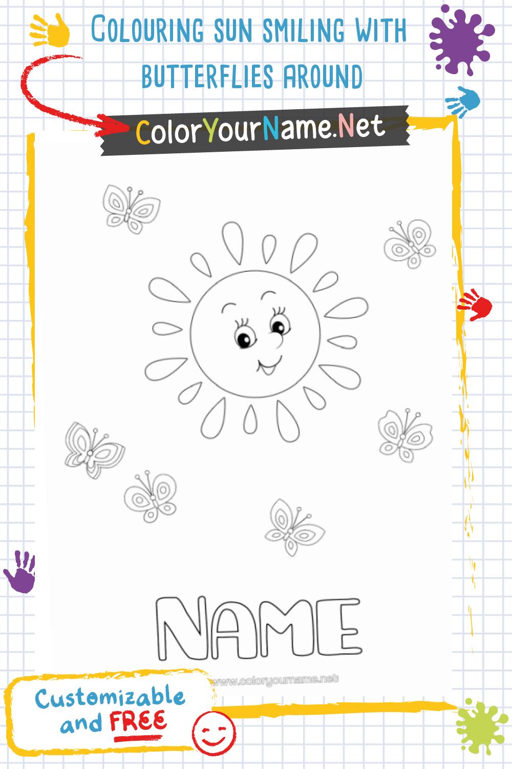 Colouring sun smiling with butterflies around