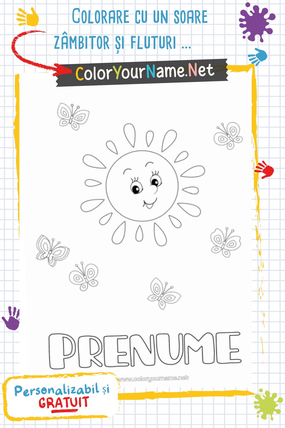 Colorare cu un soare zâmbitor și fluturi în jur.