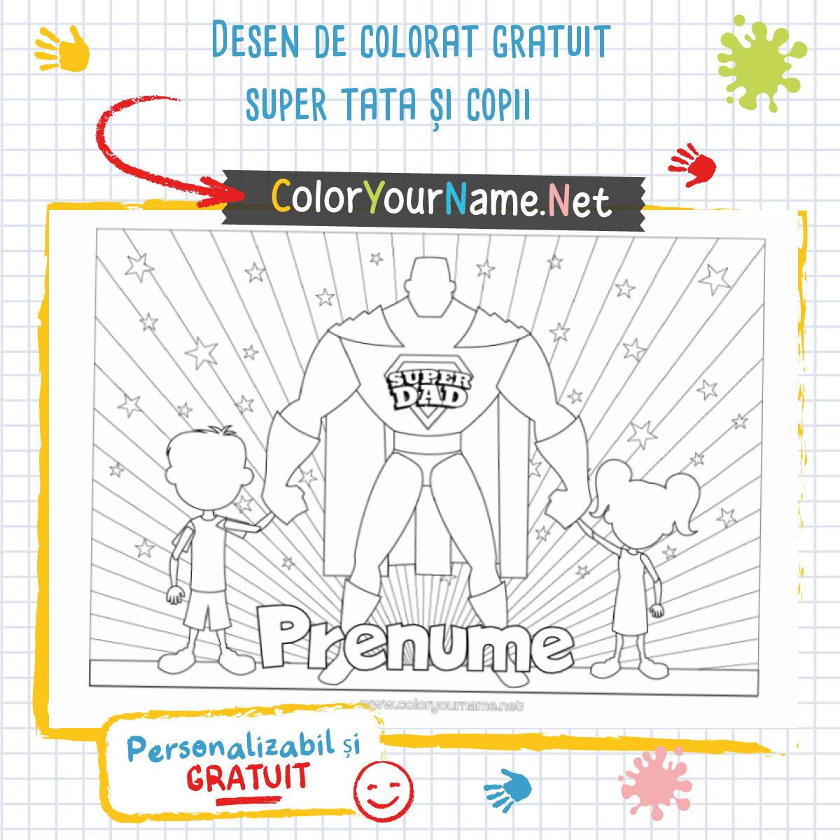 Desen de colorat gratuit super tata și copii