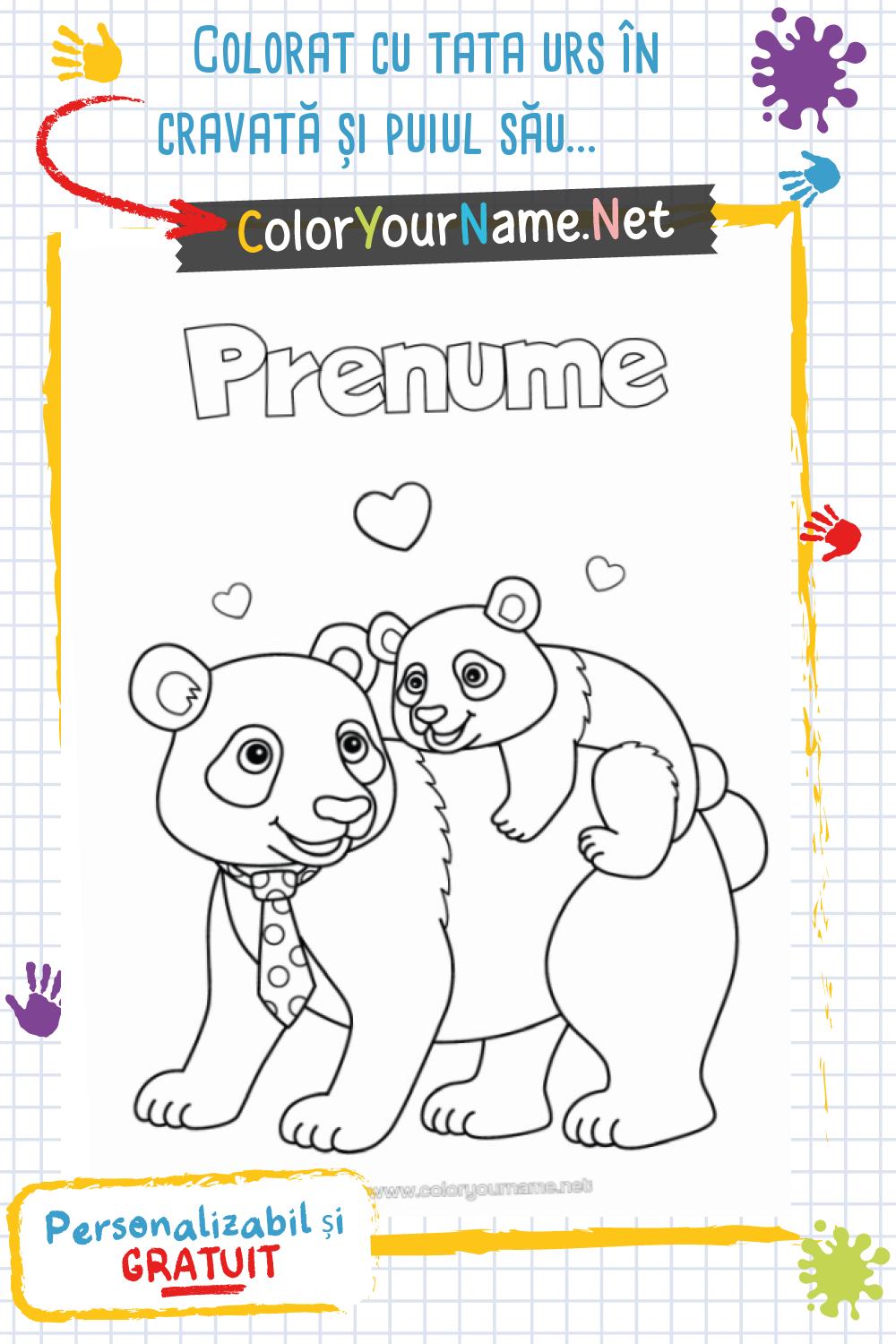 Colorat cu tata urs în cravată și puiul său de urs.