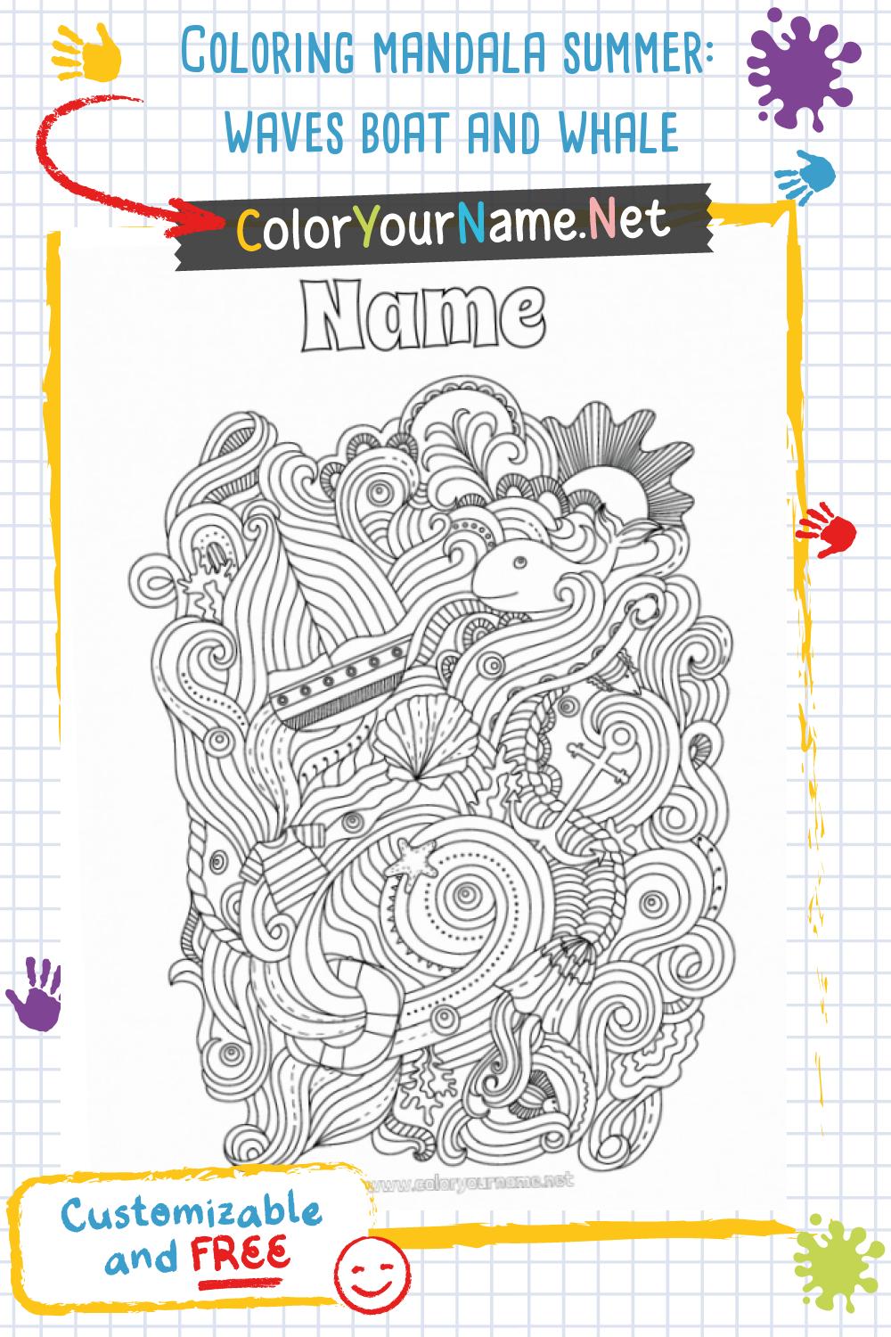 Coloring mandala summer: waves boat and whale