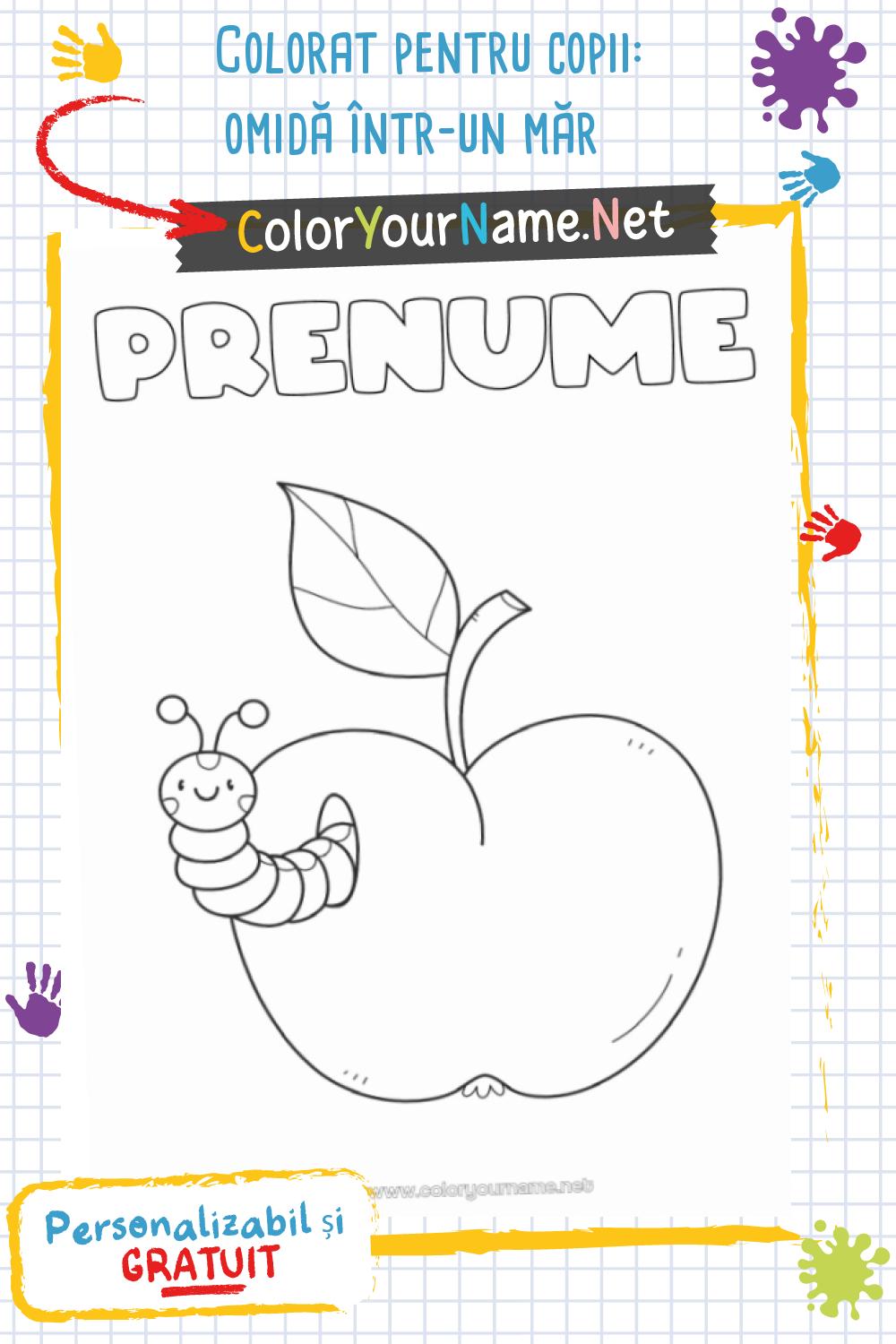 Colorat pentru copii: omidă într-un măr