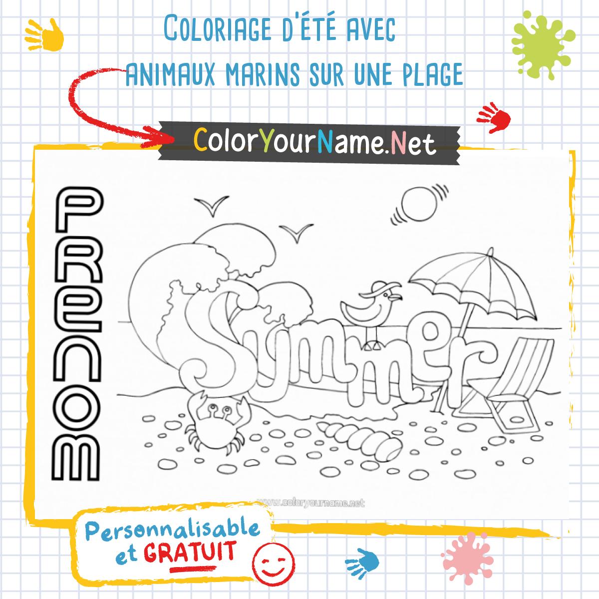 Coloriage d'été avec animaux marins sur une plage