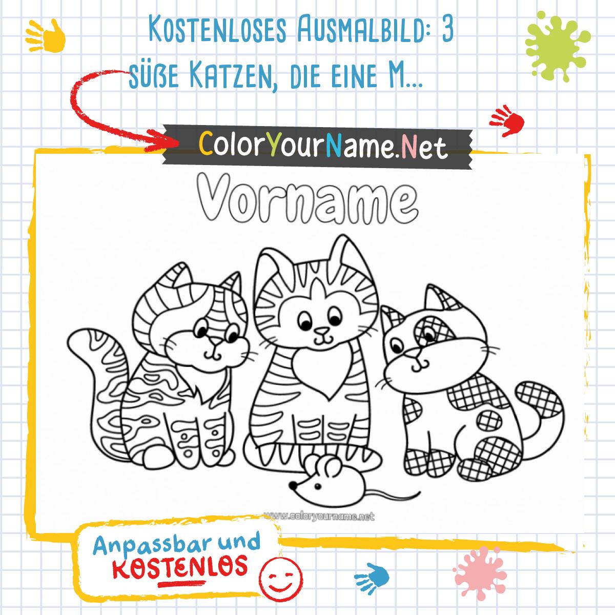 Kostenloses Ausmalbild: 3 süße Katzen, die eine Maus beobachten