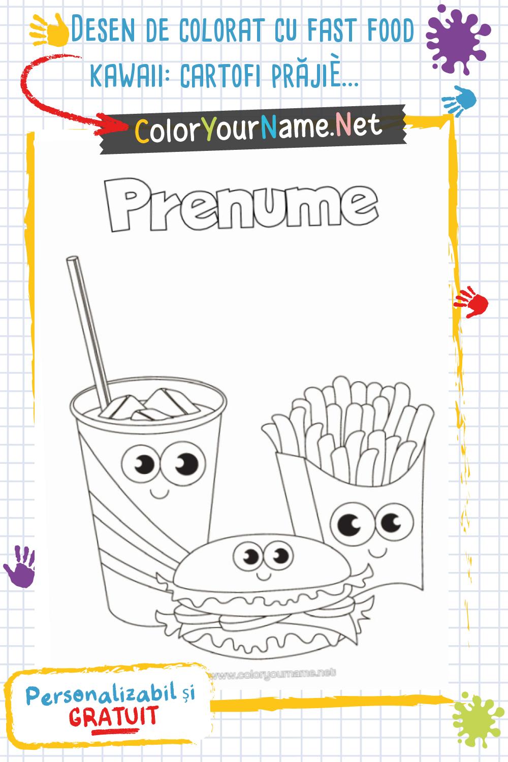 Desen de colorat cu fast food kawaii: cartofi prăjiți, suc și hamburger.