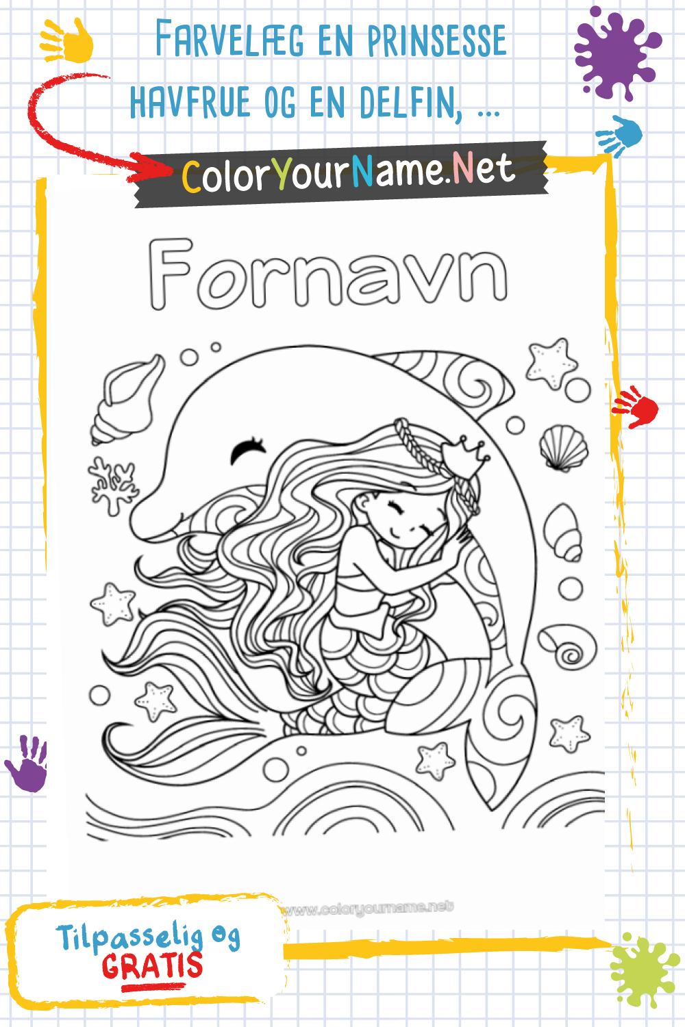 Farvelæg en prinsesse havfrue og en delfin, der krammer hinanden.