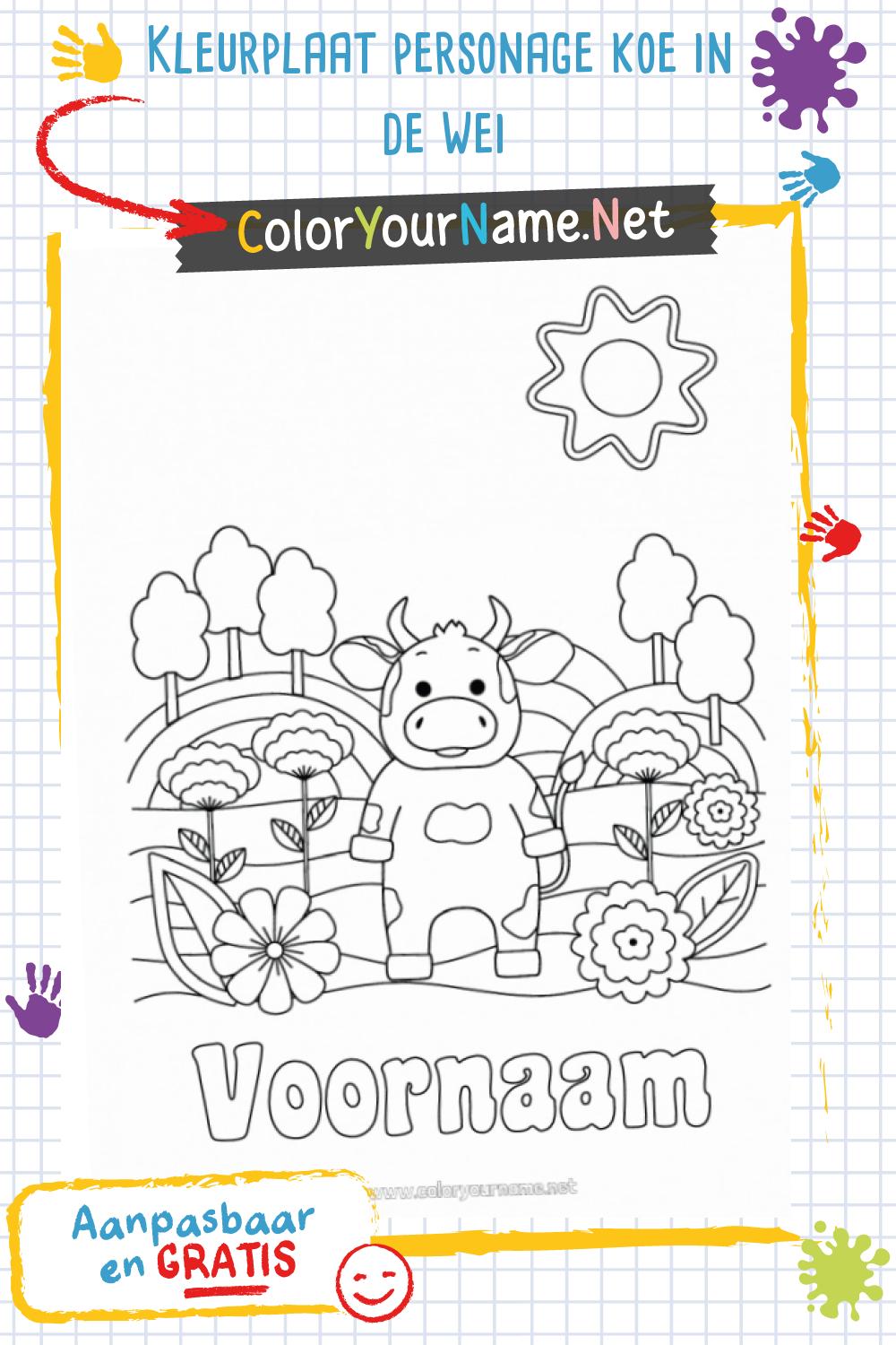 Kleurplaat personage koe in de wei