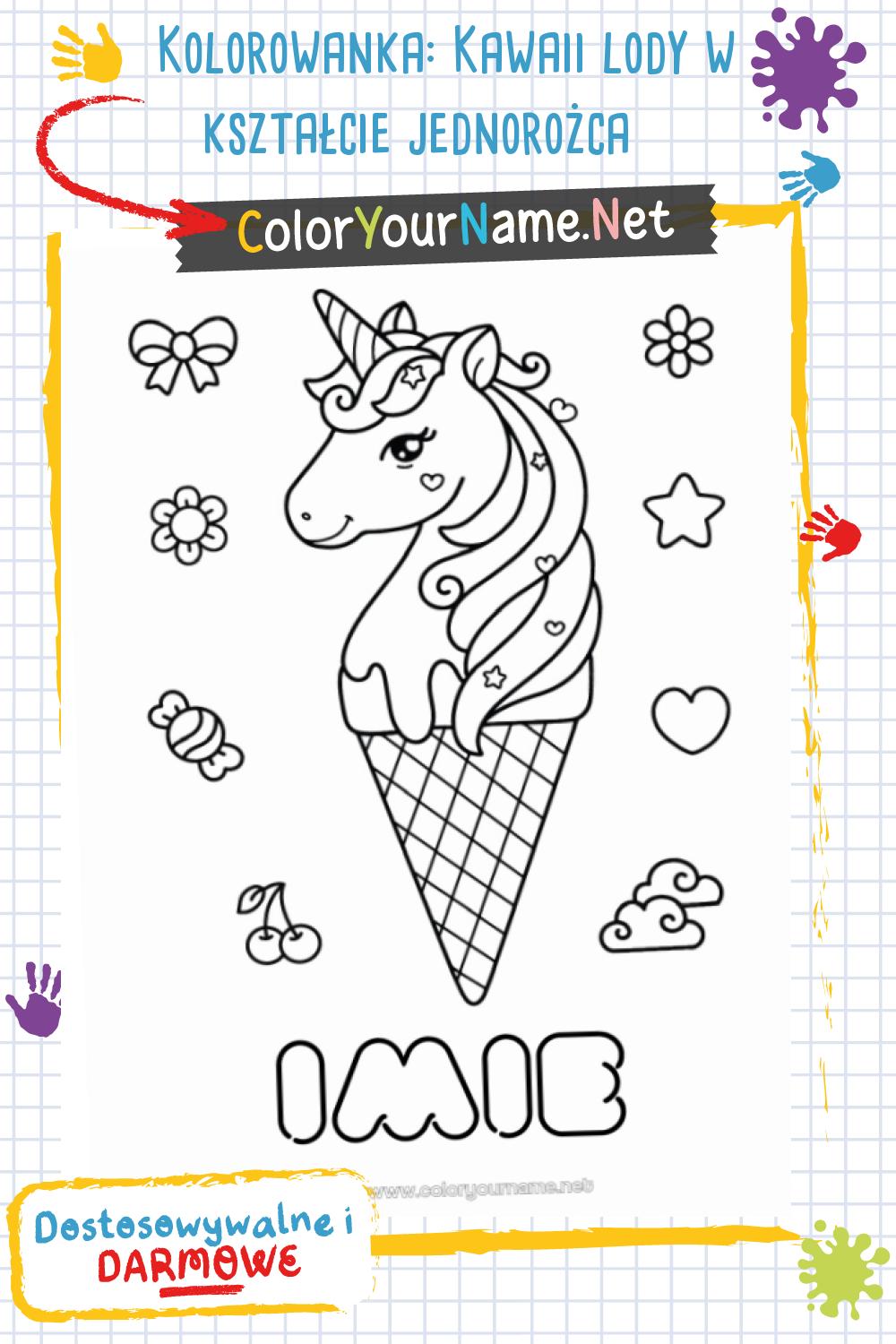 Kolorowanka: Kawaii lody w kształcie jednorożca