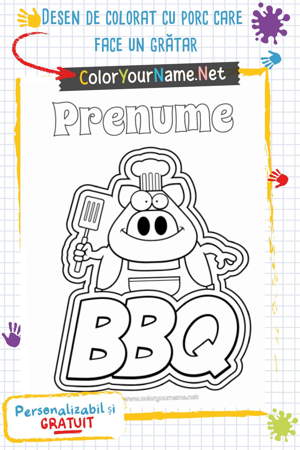 Desen de colorat cu porc care face un grătar