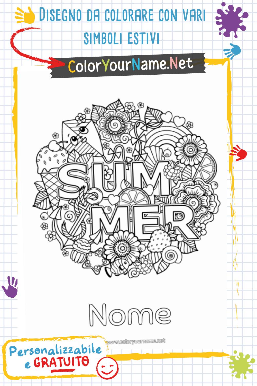 Disegno da colorare con vari simboli estivi