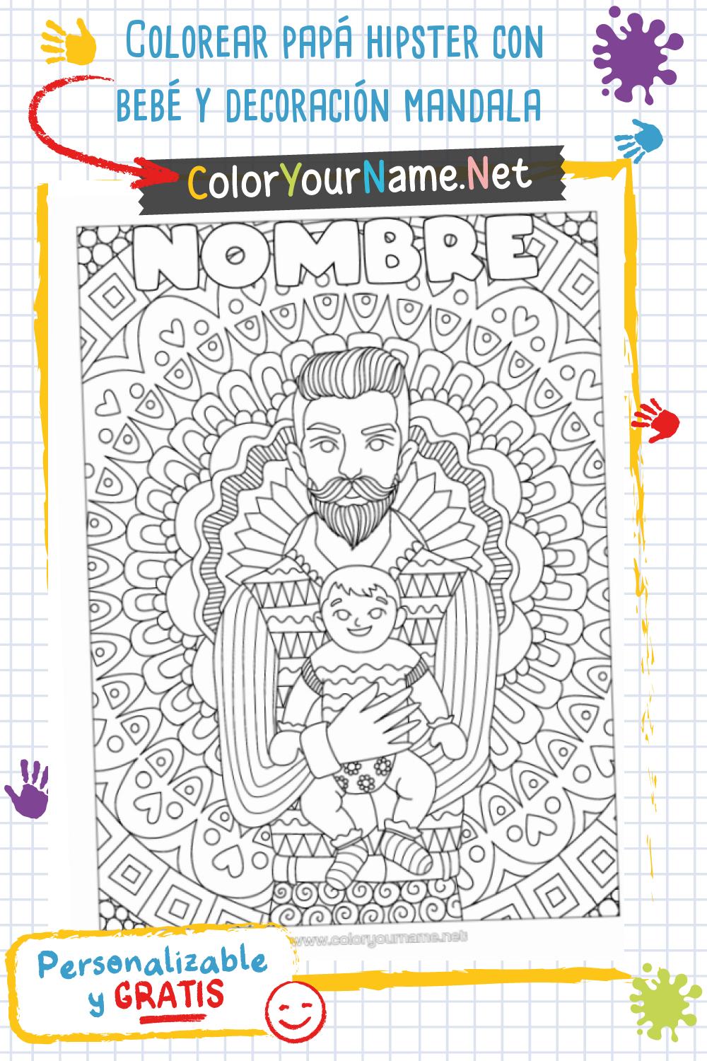 Colorear papá hipster con bebé y decoración mandala
