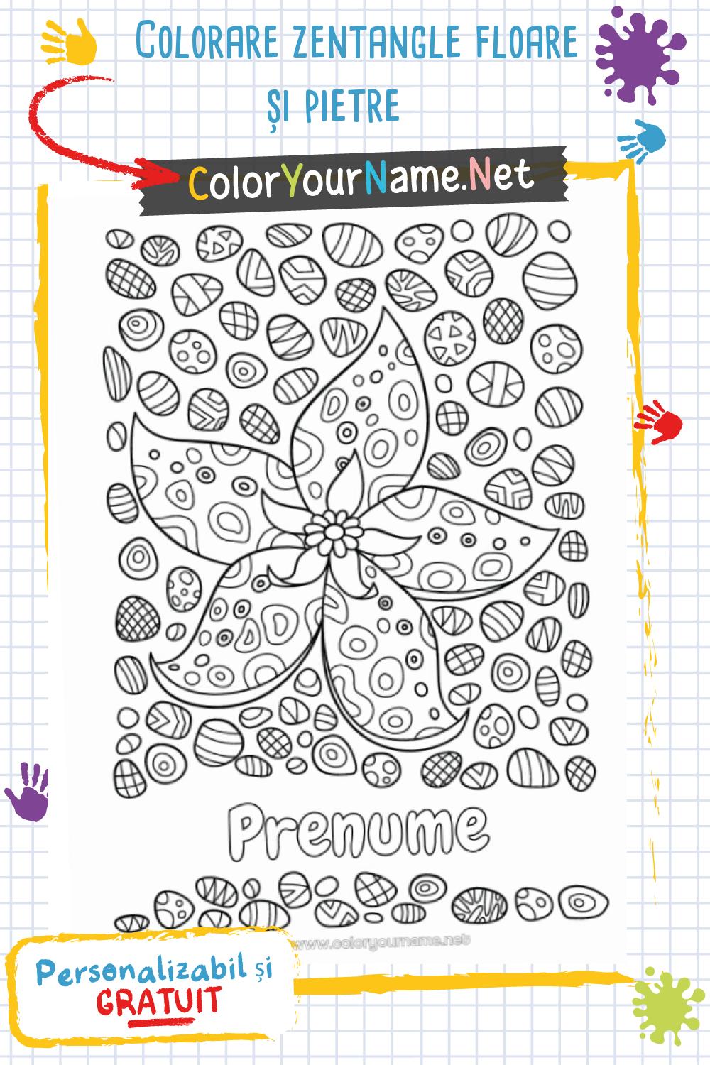 Colorare zentangle floare și pietre