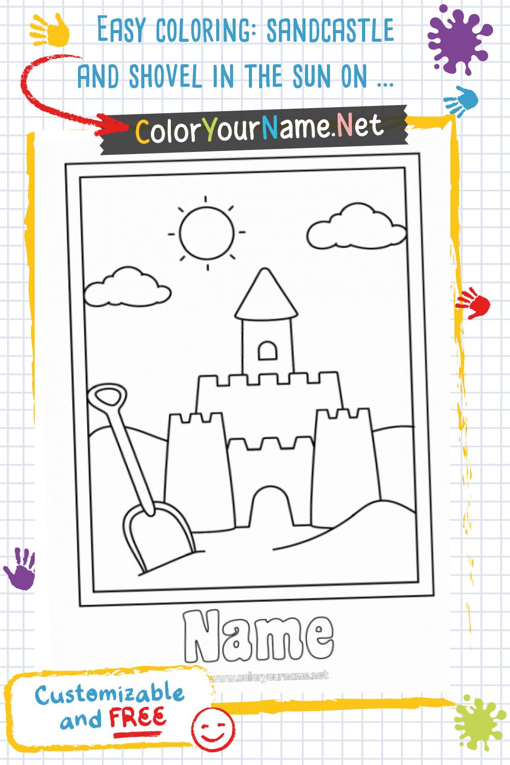 Easy coloring: sandcastle and shovel in the sun on the beach