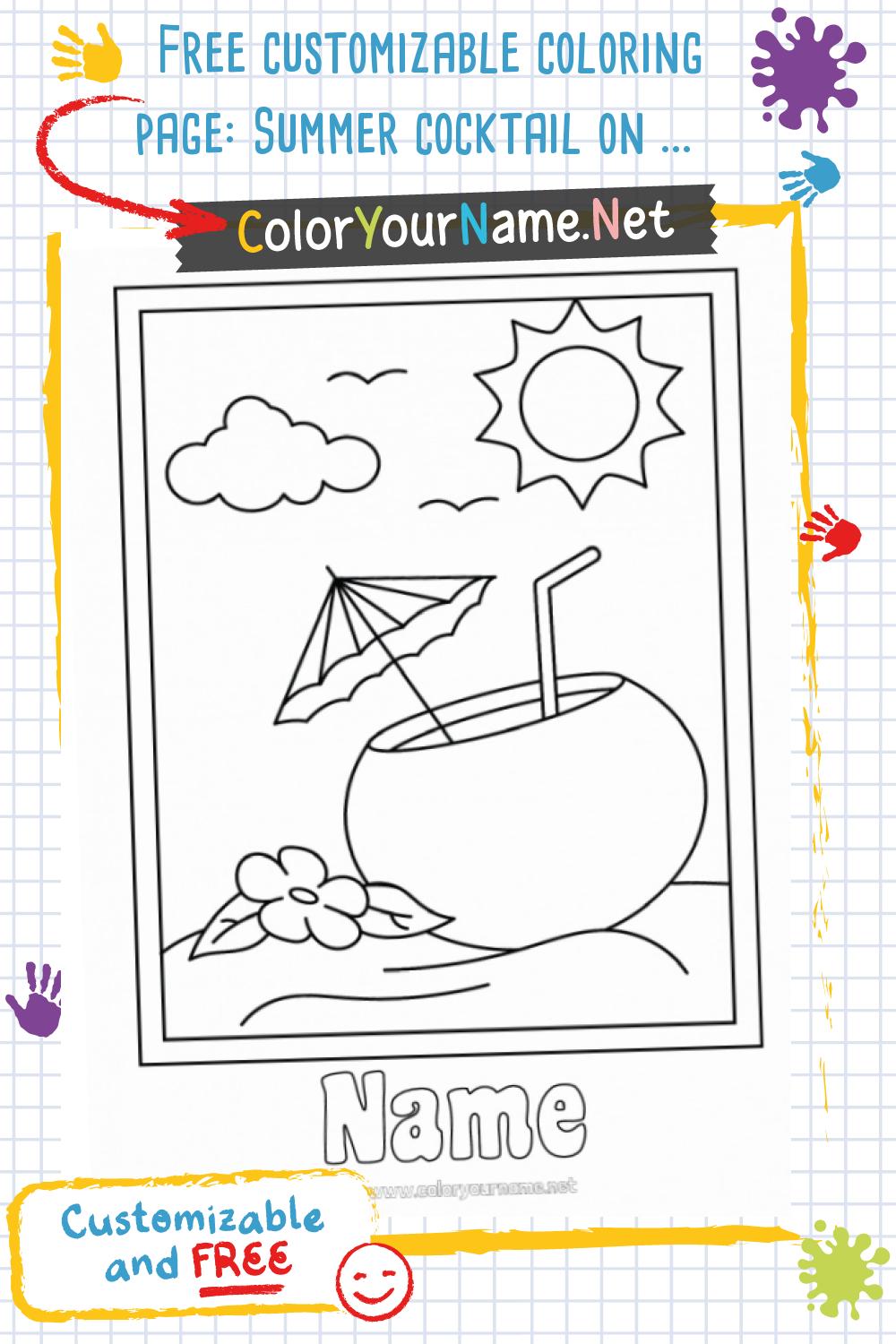 Free customizable coloring page: Summer cocktail on the beach