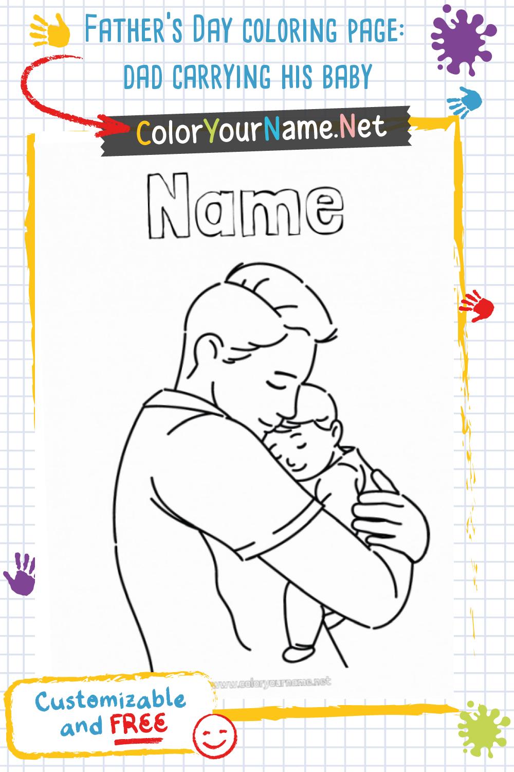 Father's Day coloring page: dad carrying his baby