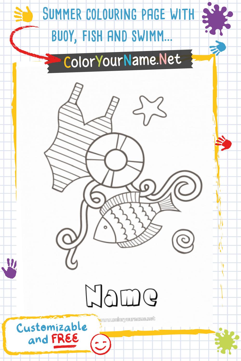 Summer colouring page with buoy, fish and swimming costume