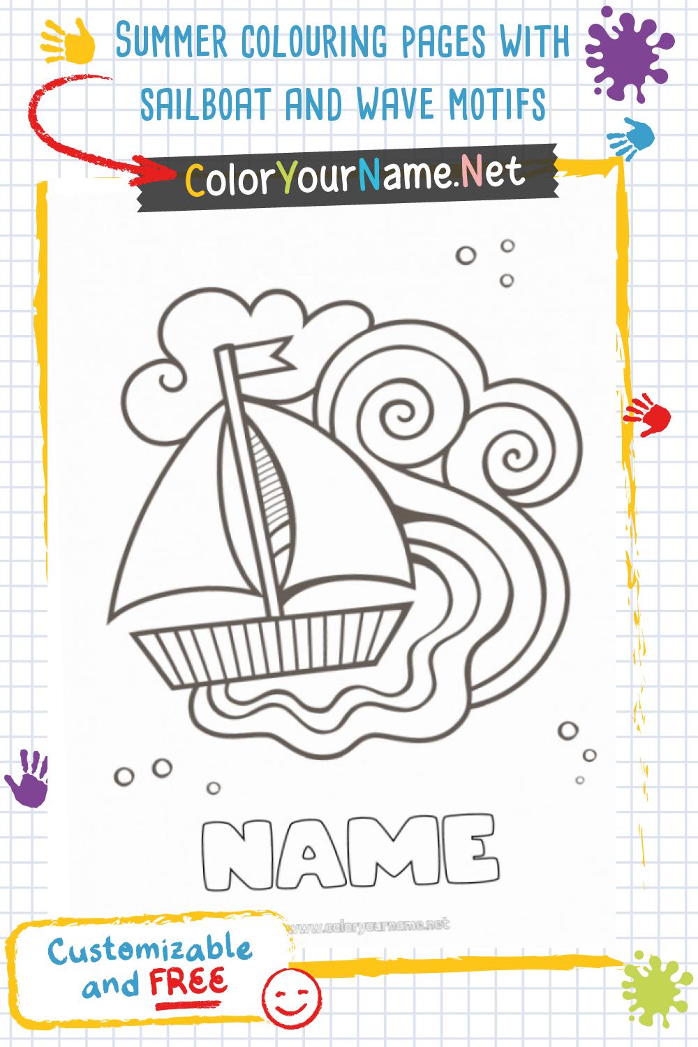 Summer colouring pages with sailboat and wave motifs