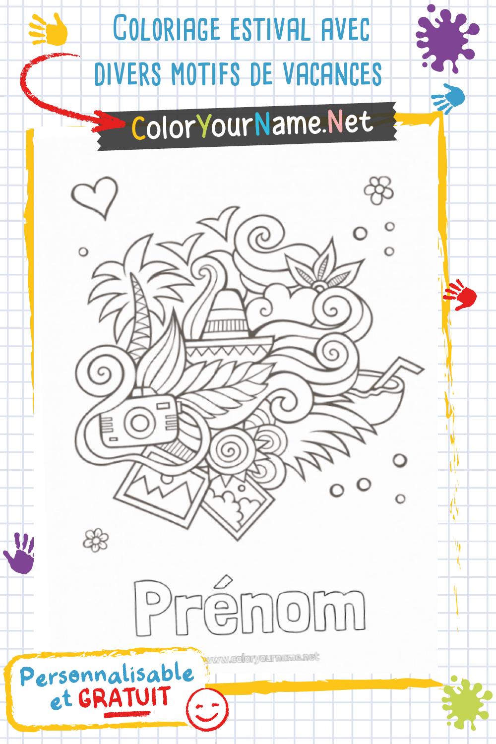 Coloriage estival avec divers motifs de vacances