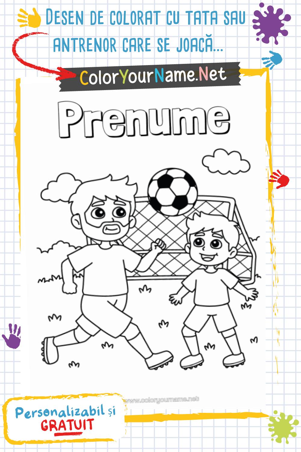 Desen de colorat cu tata sau antrenor care se joacă cu mingea cu fiul său.