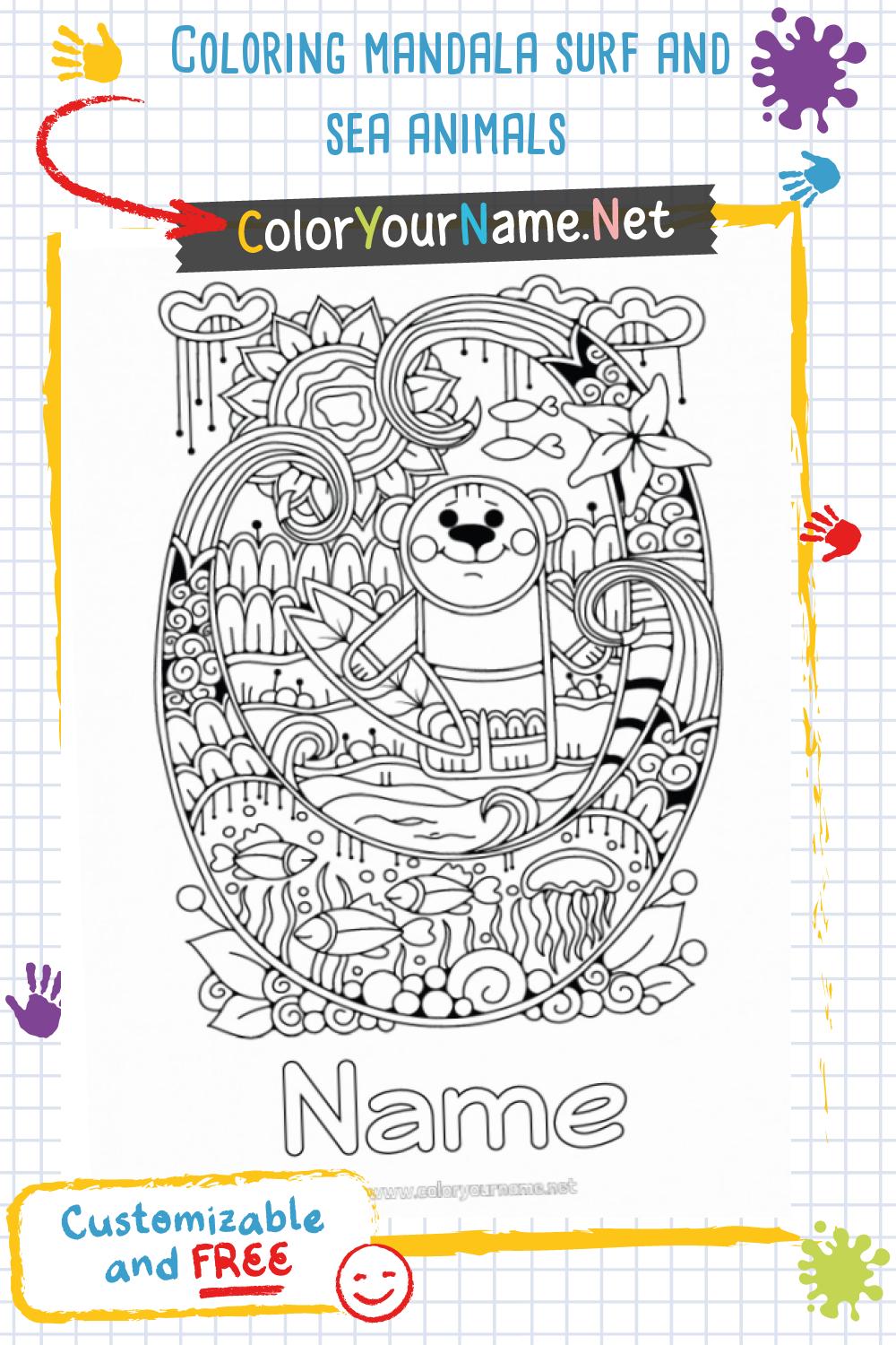 Coloring mandala surf and sea animals