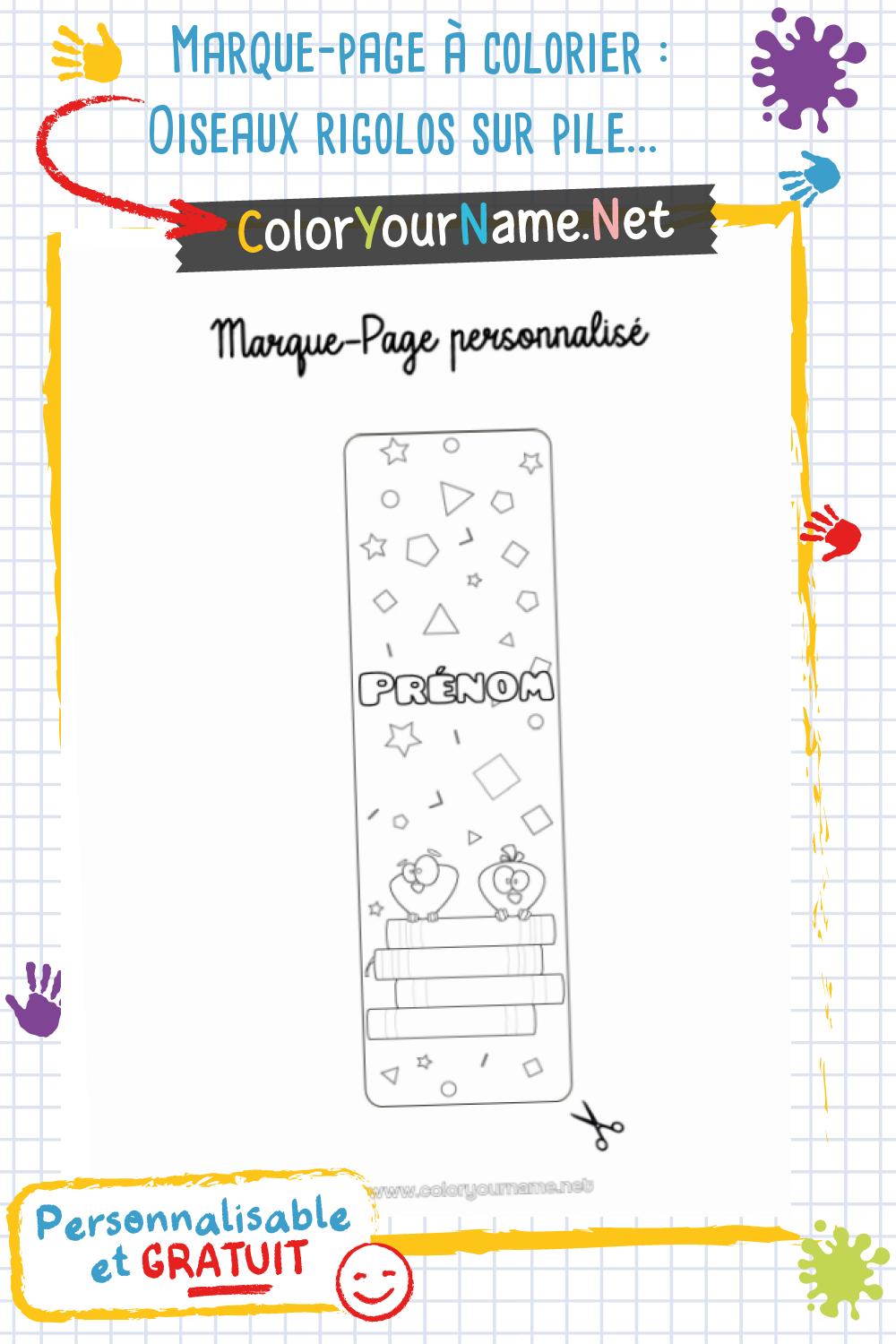 Marque-page à colorier : Oiseaux rigolos sur pile de livres
