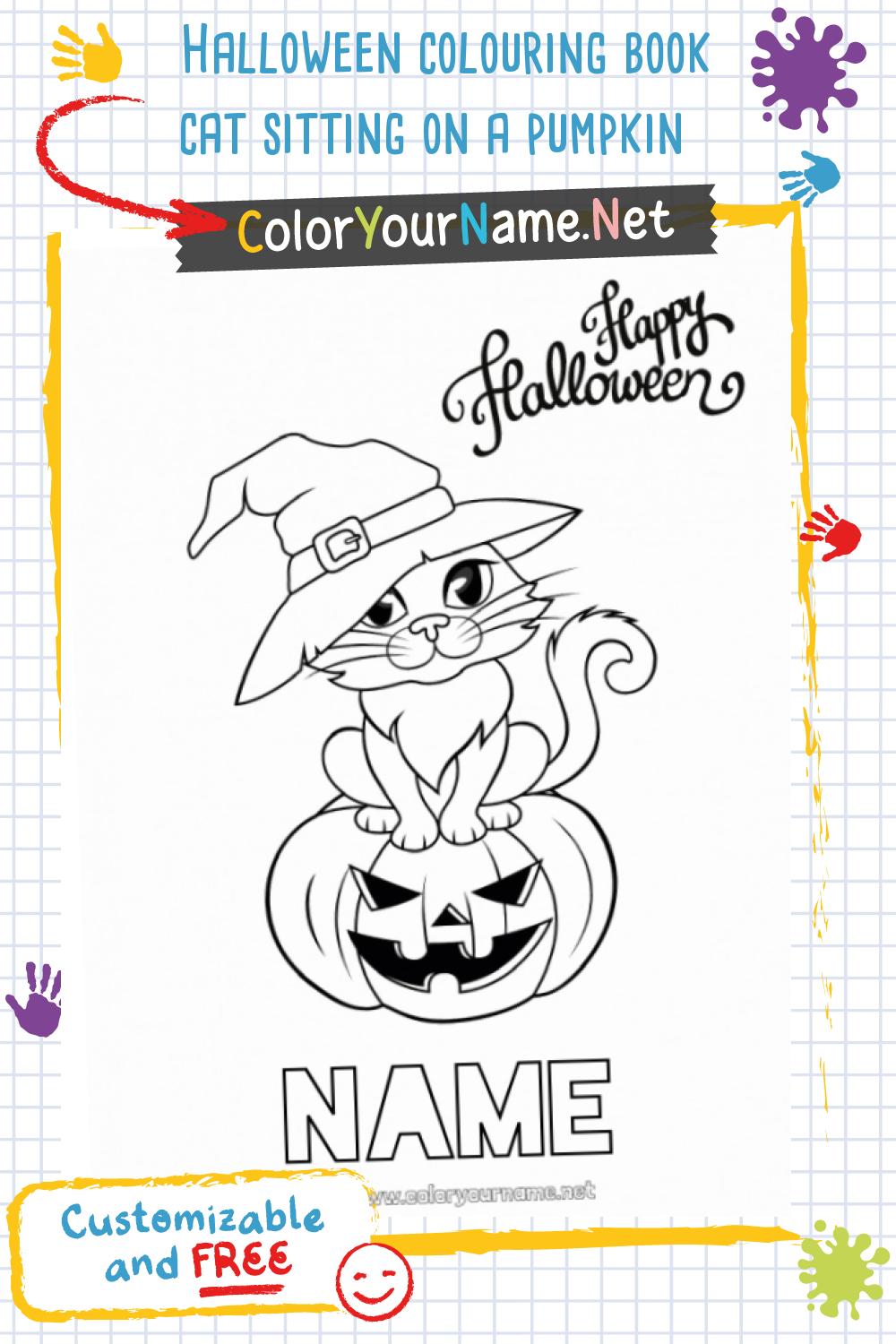 Halloween colouring book cat sitting on a pumpkin