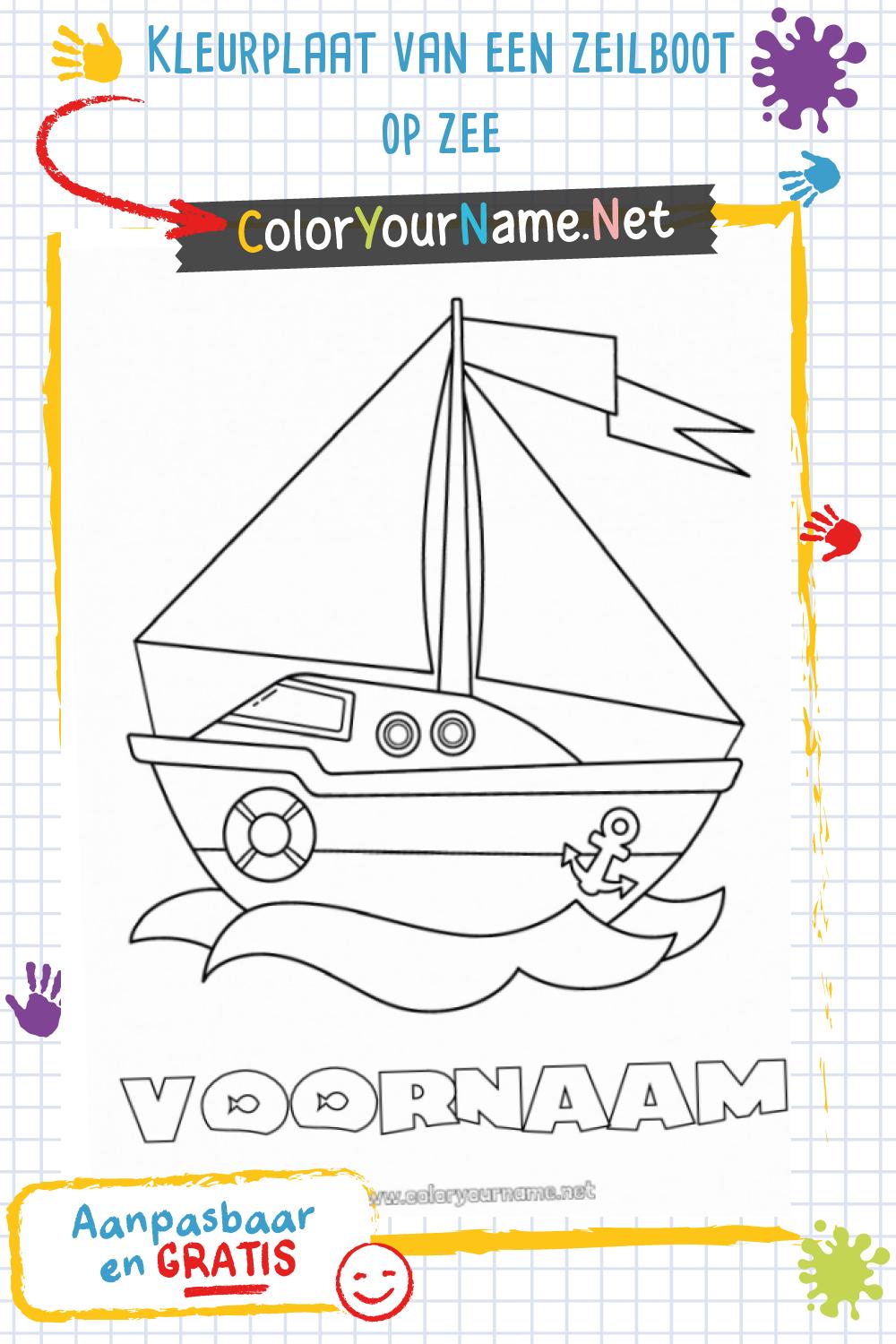 Kleurplaat van een zeilboot op zee