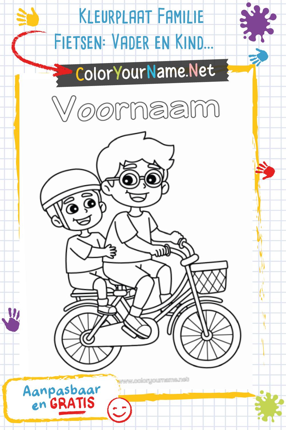 Kleurplaat Familie Fietsen: Vader en Kind op Fiets met Helm | Gratis ...