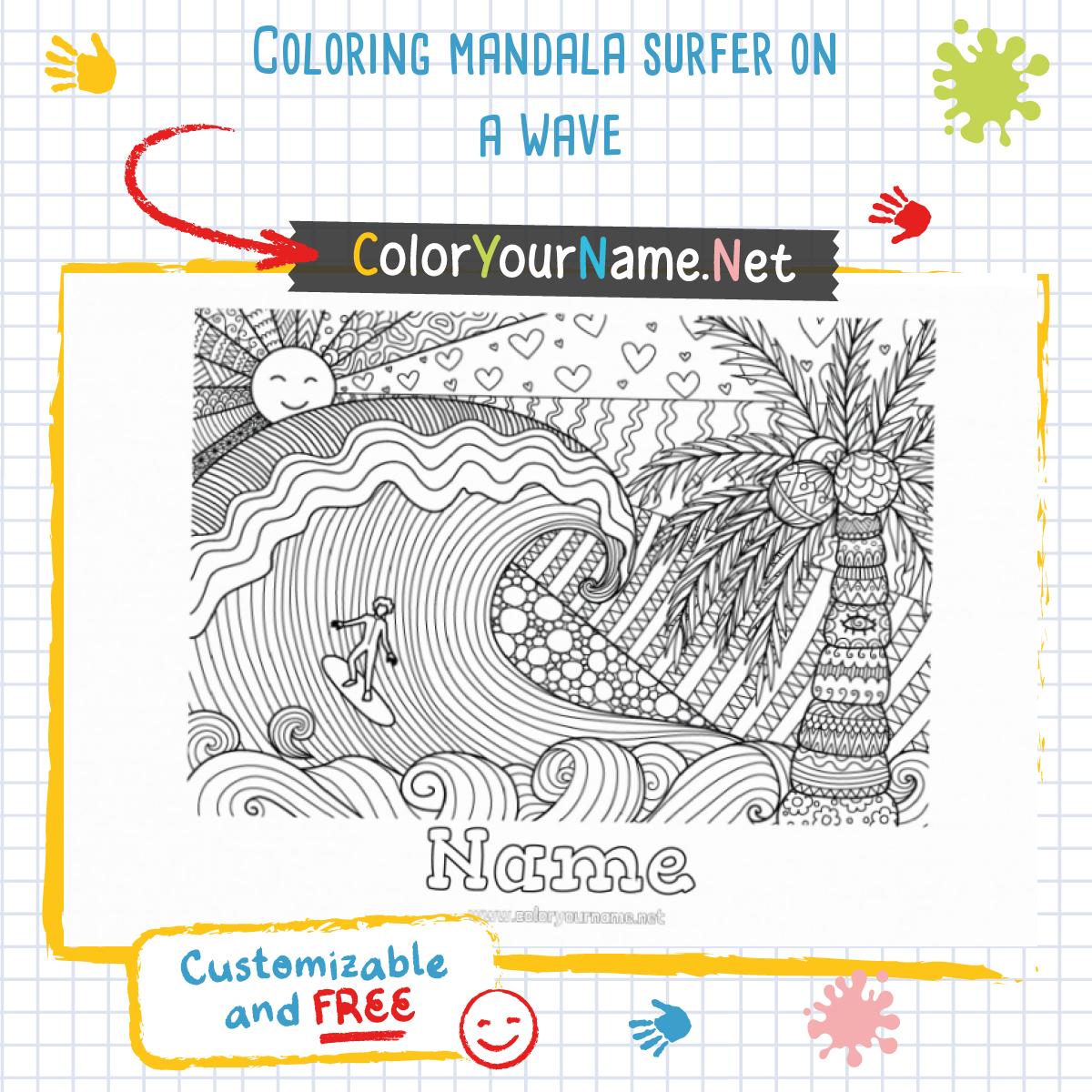 Coloring mandala surfer on a wave