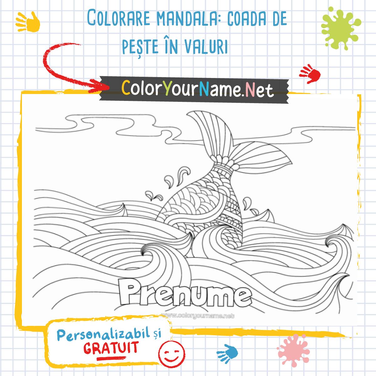 Colorare mandala: coada de pește în valuri