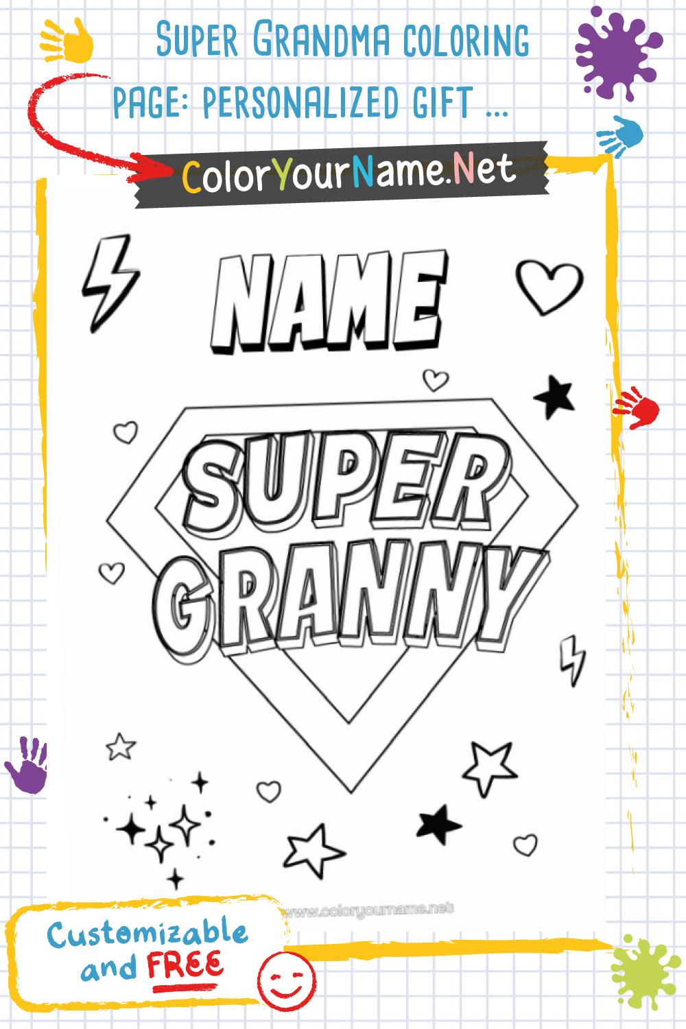 Super Grandma coloring page: personalized gift for Grandmother's Day ...