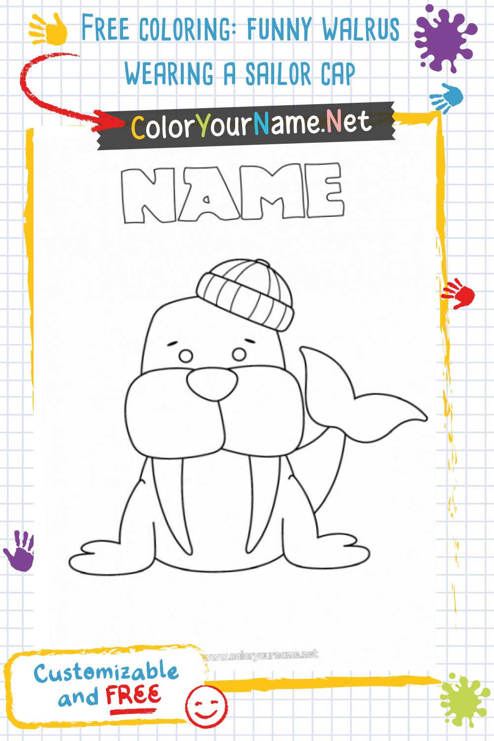 Free coloring: funny walrus wearing a sailor cap