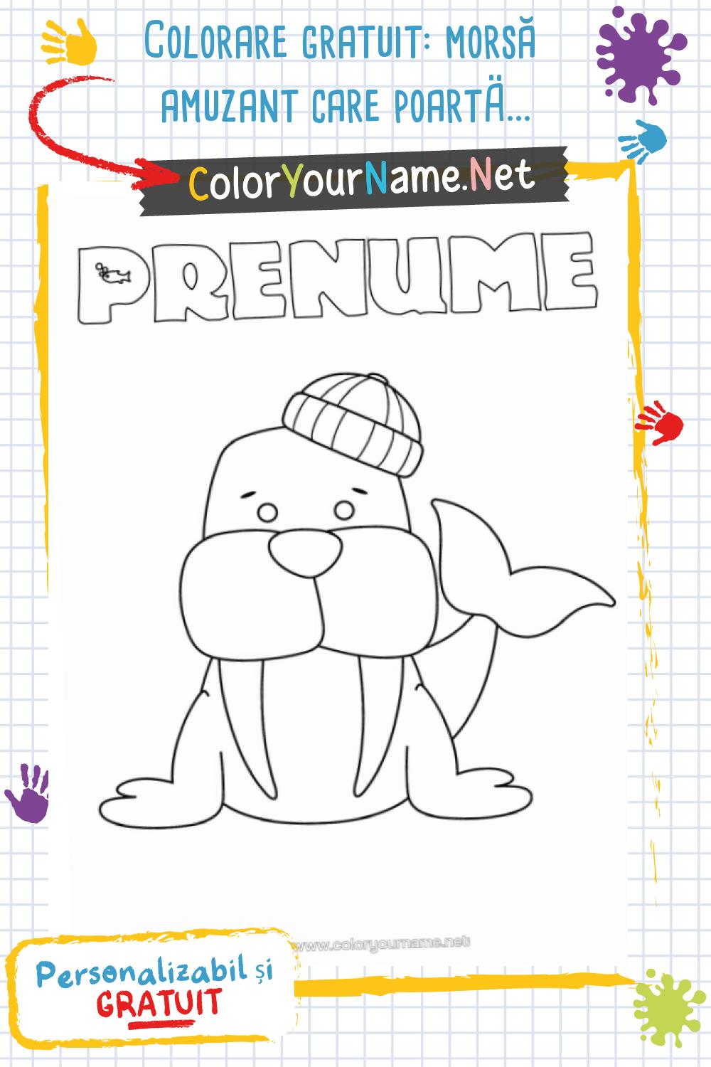 Colorare gratuit: morsă amuzant care poartă o pălărie de marină.