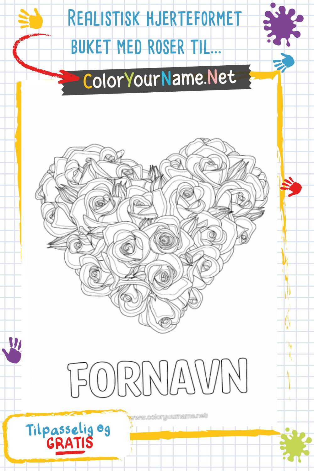 Realistisk hjerteformet buket med roser til at farvelægge