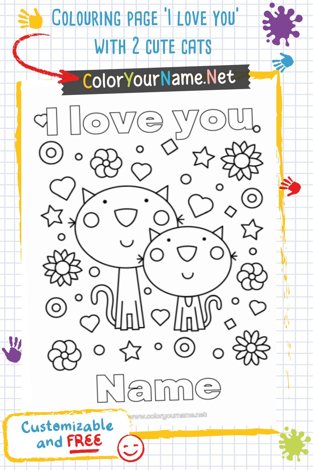 Colouring page 'I love you' with 2 cute cats